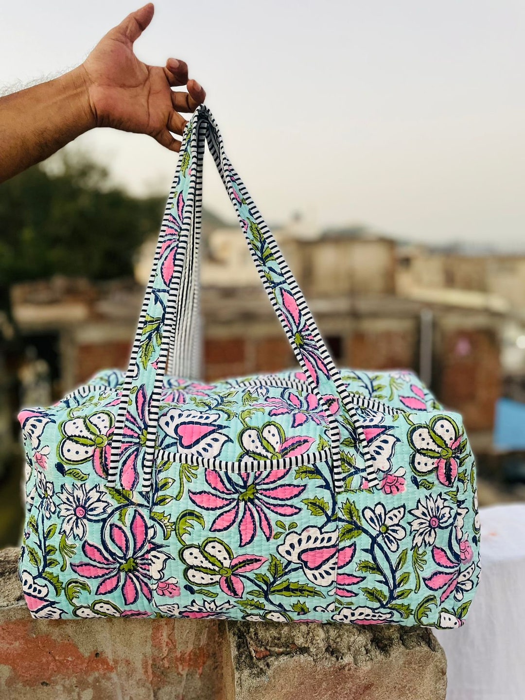 Large Cotton Weekender Travel Bag, Handprint Floral Eco Friendly Duffle ...