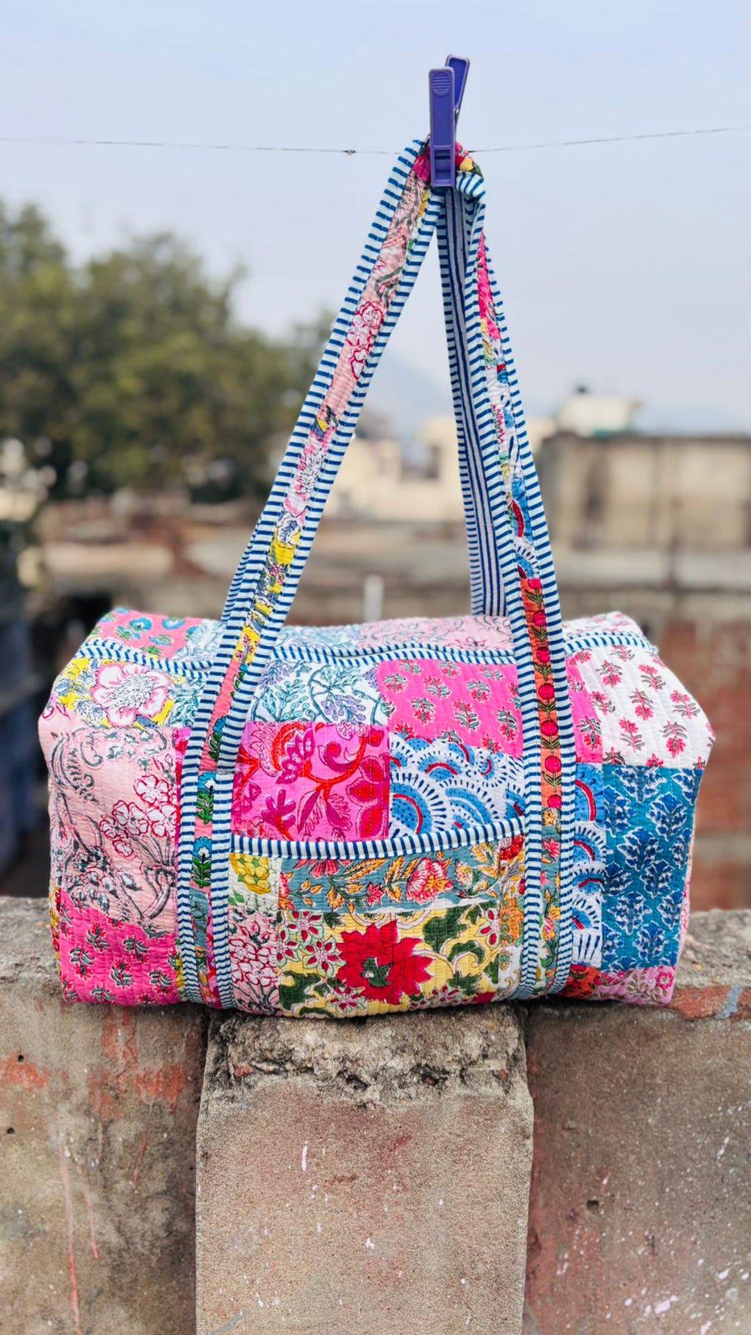 Large Cotton Quilted Patches Duffle Bags Block Print Fabric Weekender ...