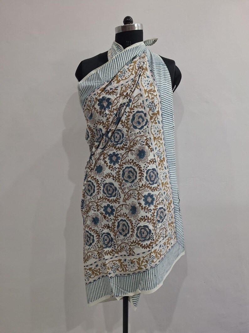 Hand Block Printed Sarong Cotton Beach Warp Floral Sarongs Cotton Pareo ...