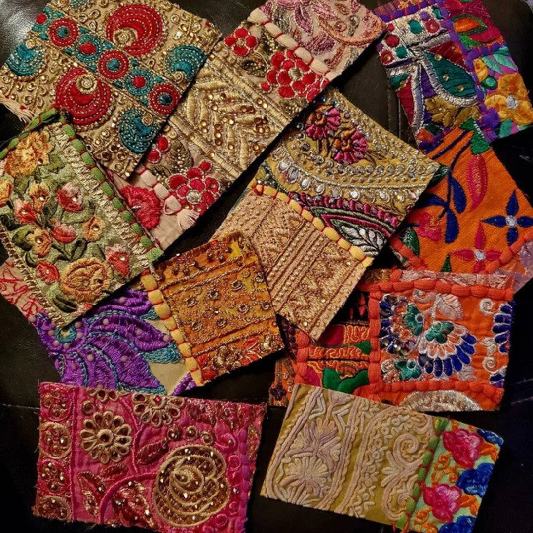 Vintage Indian Embroidery Work Scrap Fabric Boho Beaded Scrap Fabric ...