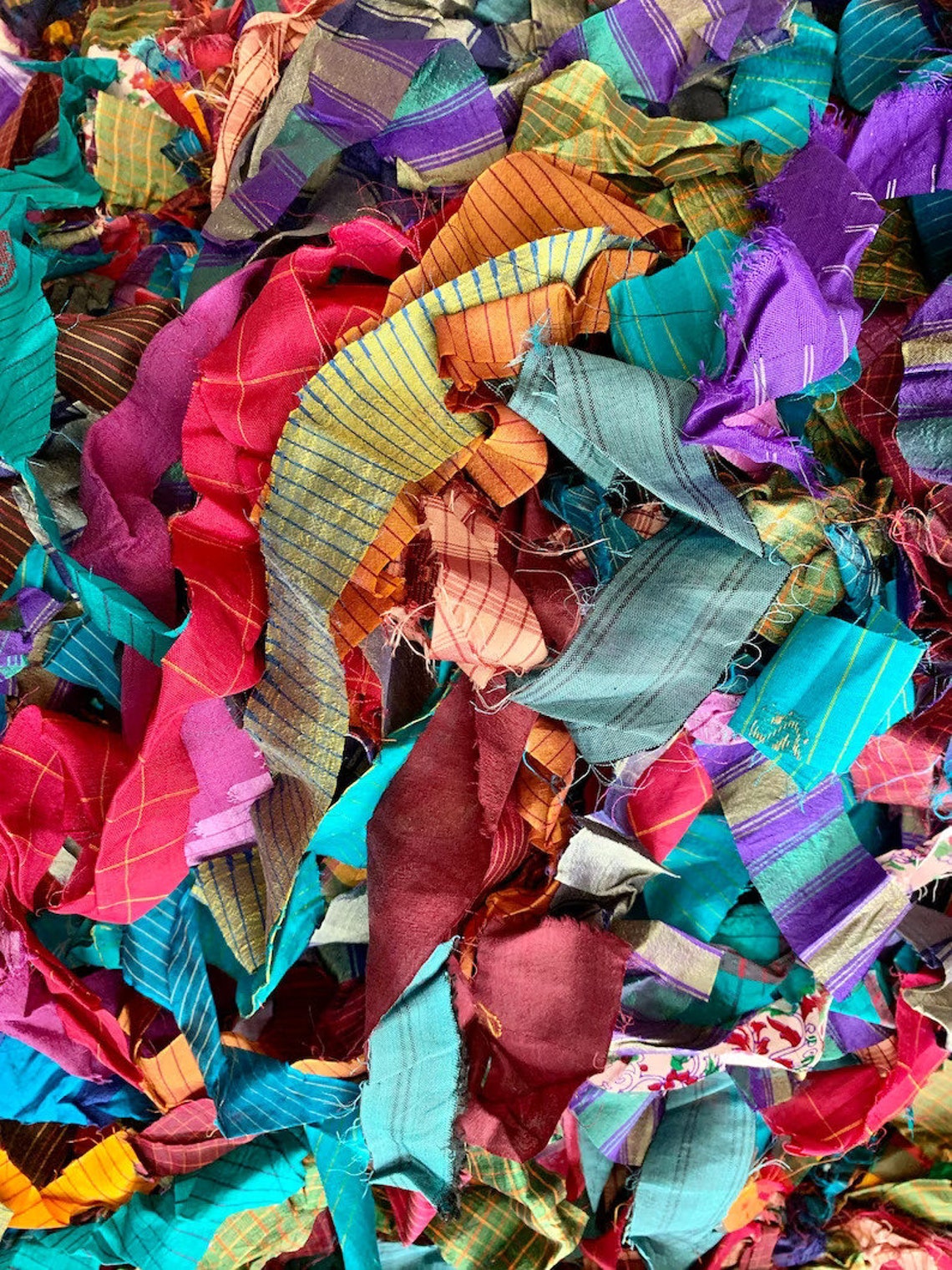 Multi Coloured Strips of Pure Silk Vintage Sari Fabric Remnants Scrap ...