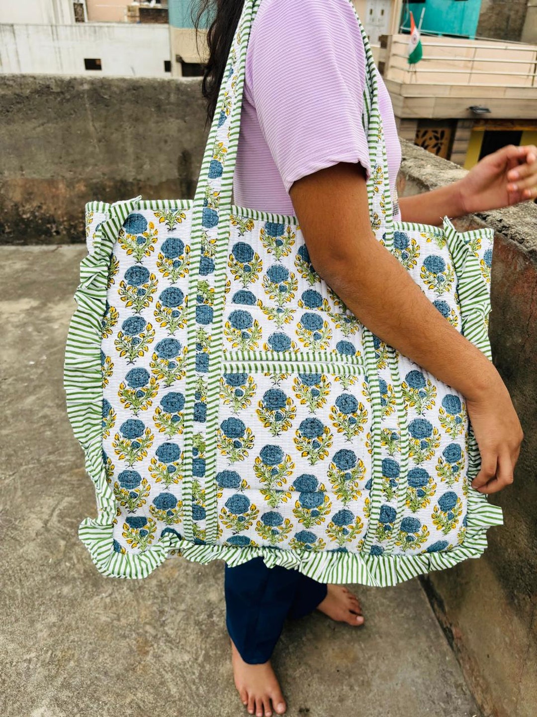 Large Cotton Quilted Frill Tote Bag Eco Friendly Sustainable Grocery ...