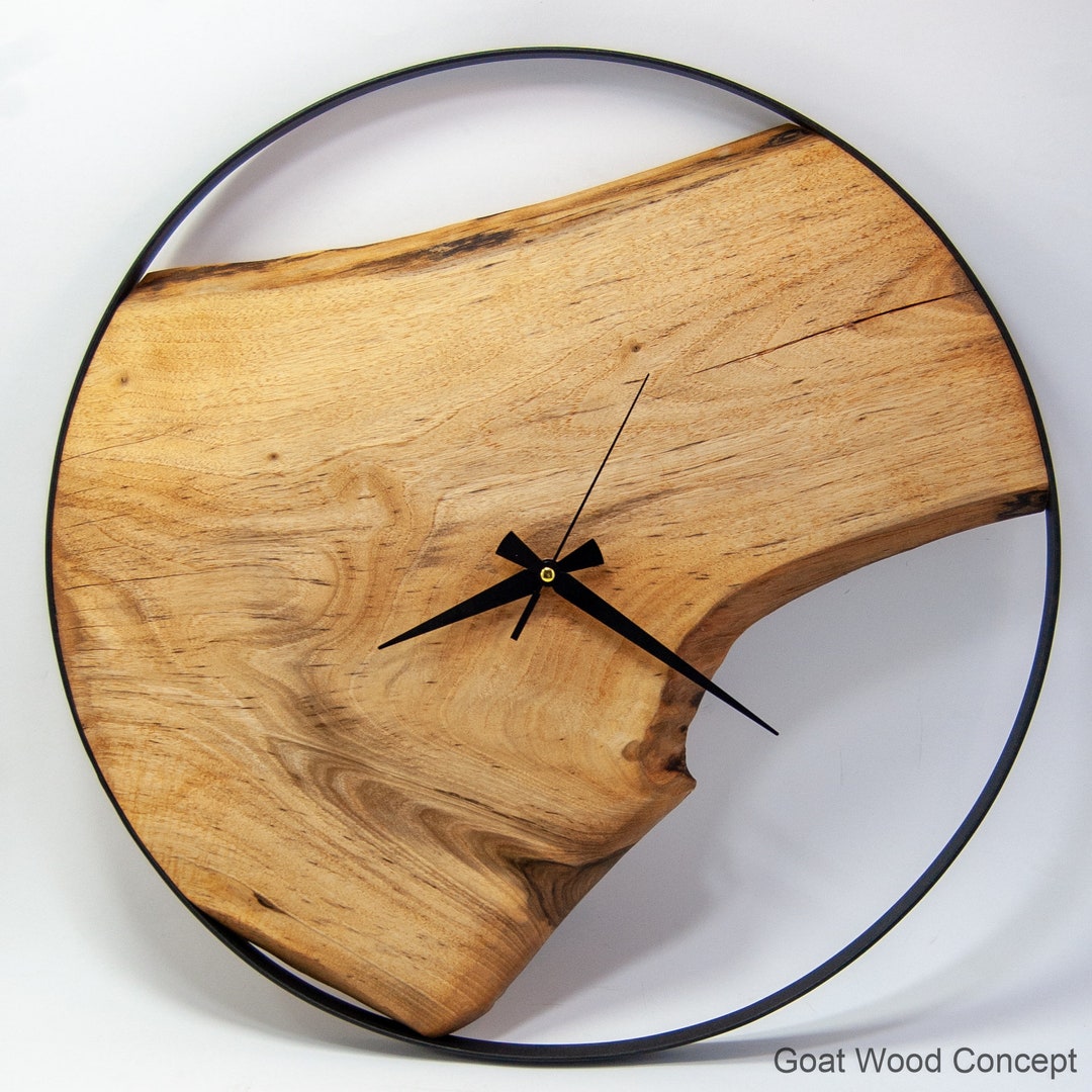 Olive Wood Metal Wall Clock, Big Live Edge Clock for Home, Customizable ...