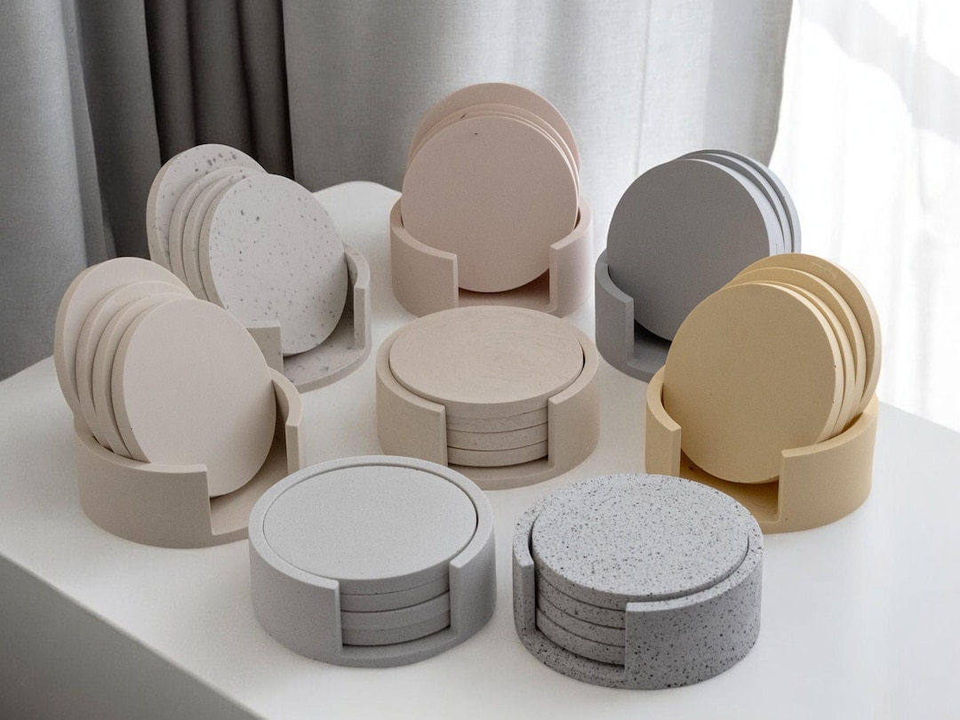 Holder and Coasters Set of 4 | Circle Stone Coaster Set | Neutral ...