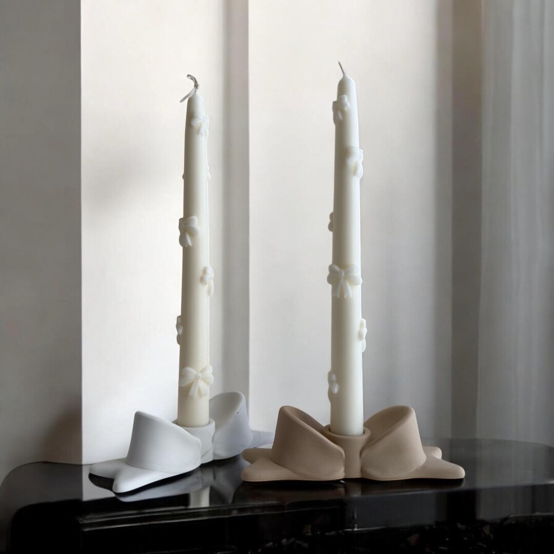 Ribbon Bow Taper Candle Decor Set 2 Dinner Table Decor Centerpice ...