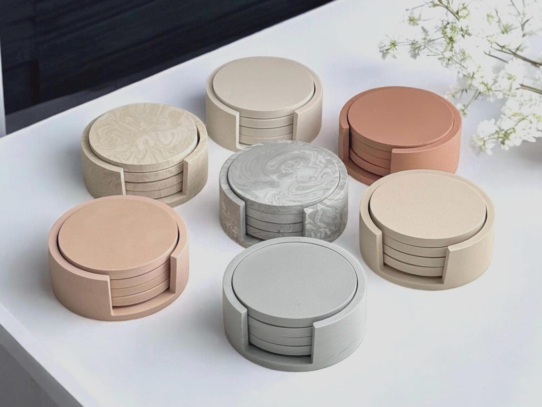 Holder and Coasters Set of 4 | Circle Stone Coaster Set Minimalist ...