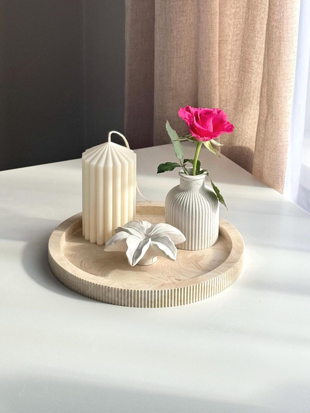 Marble Beige Ribbed Tray Decor Stone Shelf Decor Table Tray Jesmonite ...