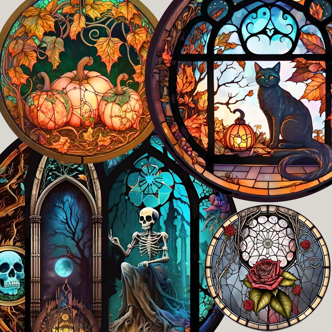 11 Stained Glass Halloween Design PNG Clip Art Bundle Gothic Halloween ...