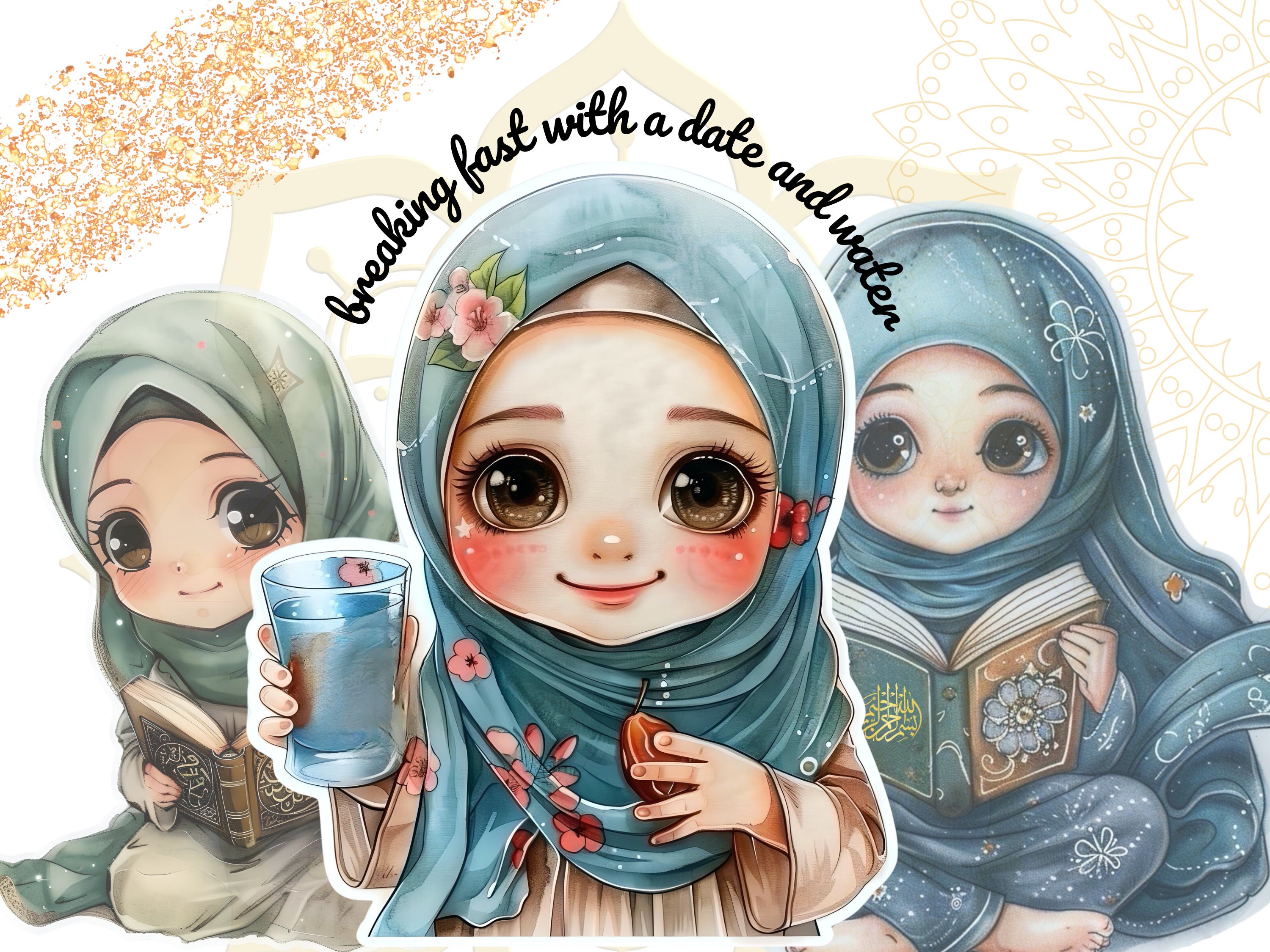 32 Watercolour Hijabi Stickers Eid Mubarak Islamic PNG Ramadan Clipart ...