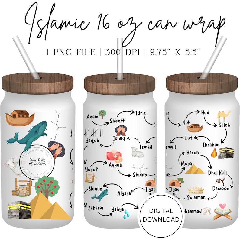 Prophets of Islam Glass Can Wrap Design | 16 Oz Glass Can Wrap Digital ...