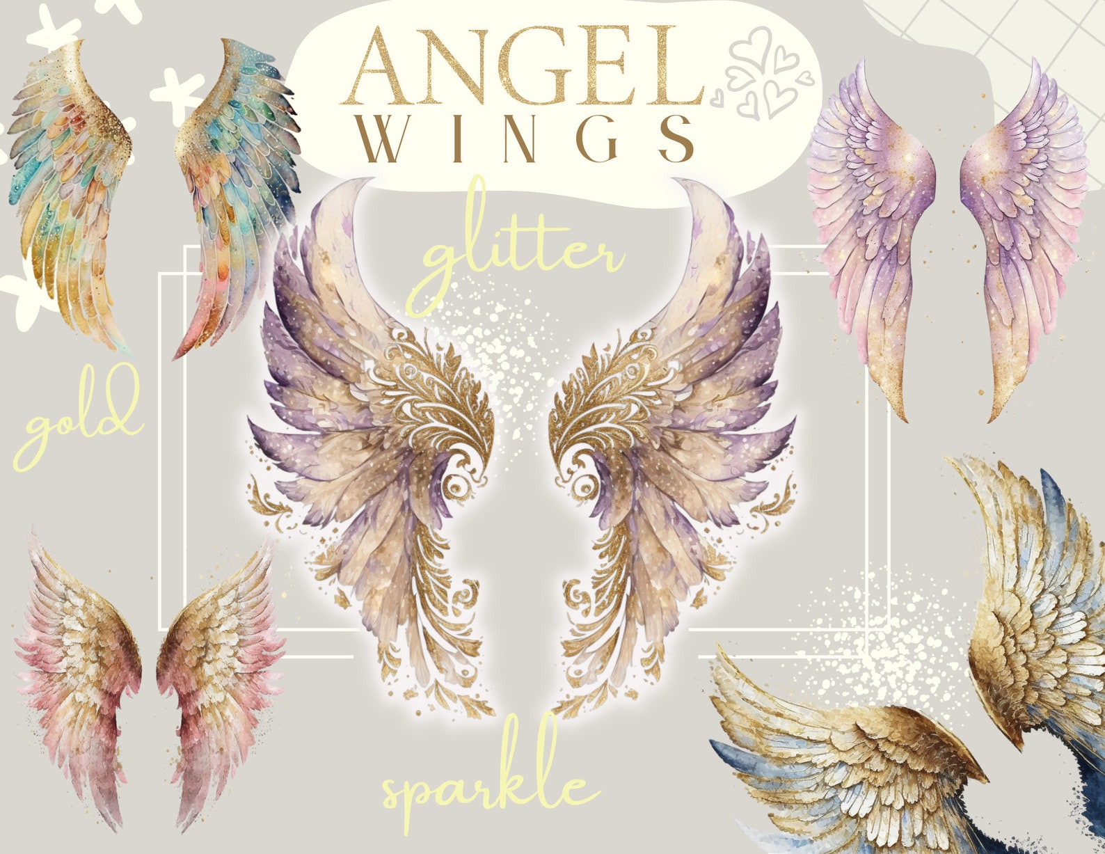 13 Glittery Angel Wings Watercolor Clipart Png, Angel Wings Сlip Art ...