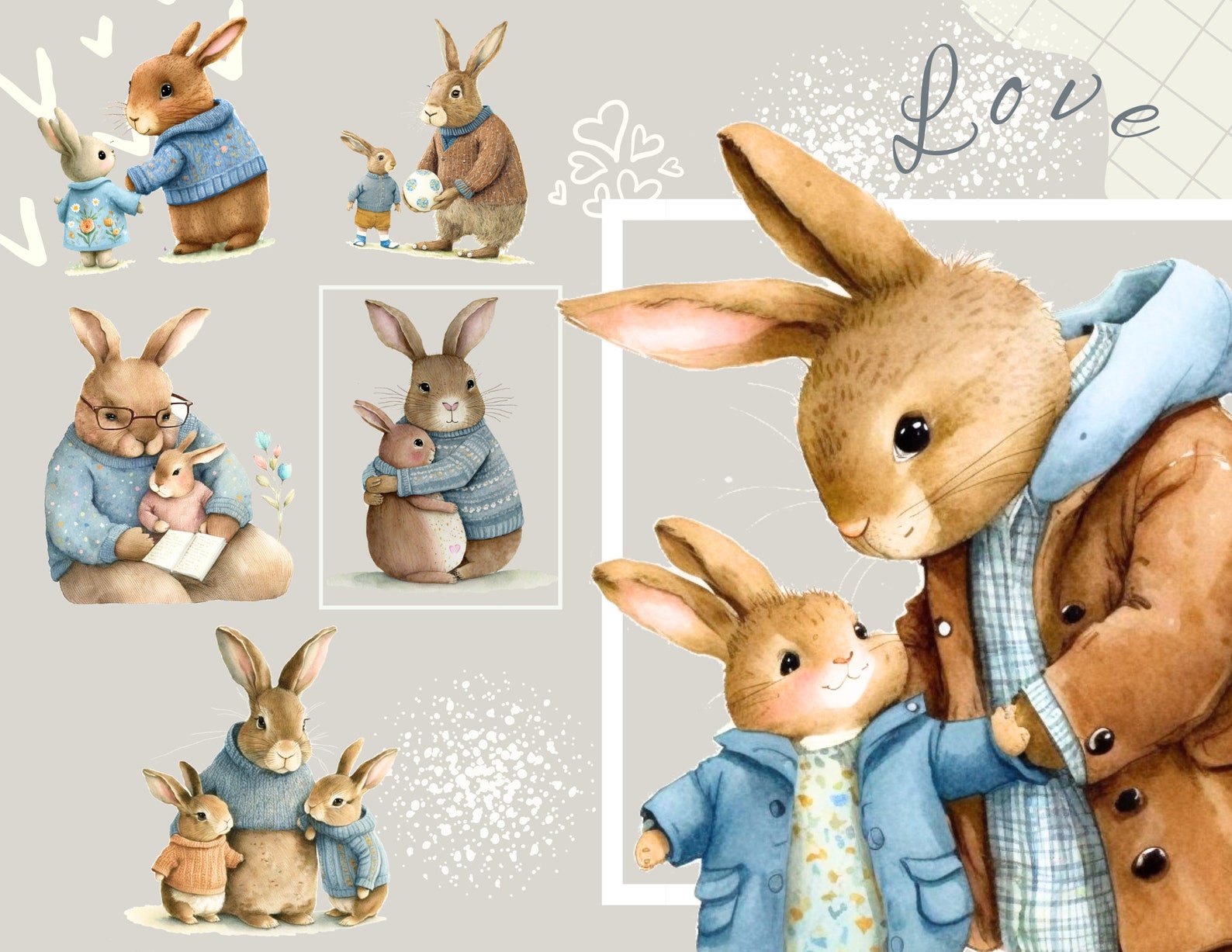 Watercolor Bunny Clipart, Father's Day Clipart, Family Clipart, Dad ...