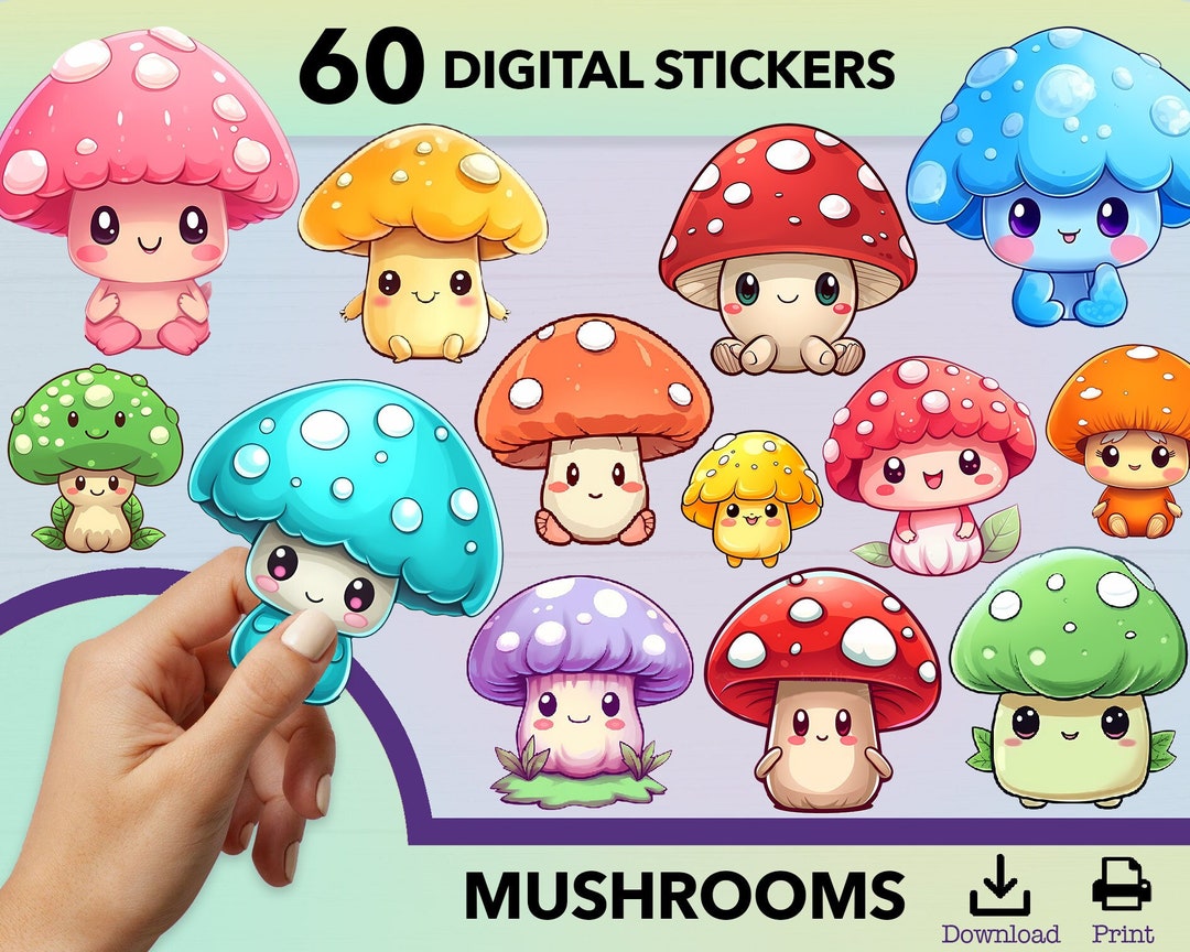 Mushroom PNG, Kawaii Sticker, Sticker Png Bundle, Printable Stickers ...