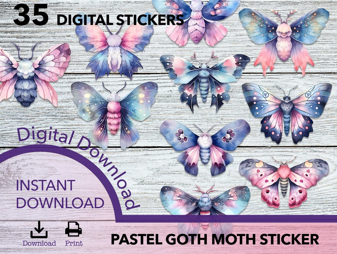 Moth PNG, Pastel Goth, Sticker Png Bundle, Printable Sticker, Pastel ...