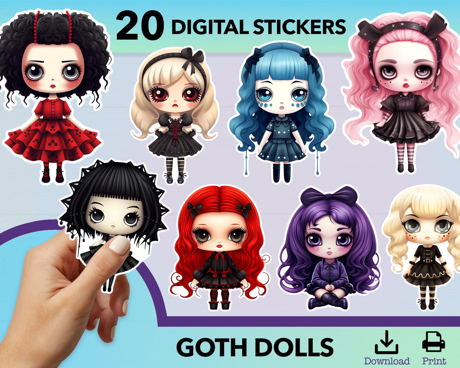 Goth Doll PNG, Goth Girl PNG Sticker, Sticker Bundle, Printable Sticker ...