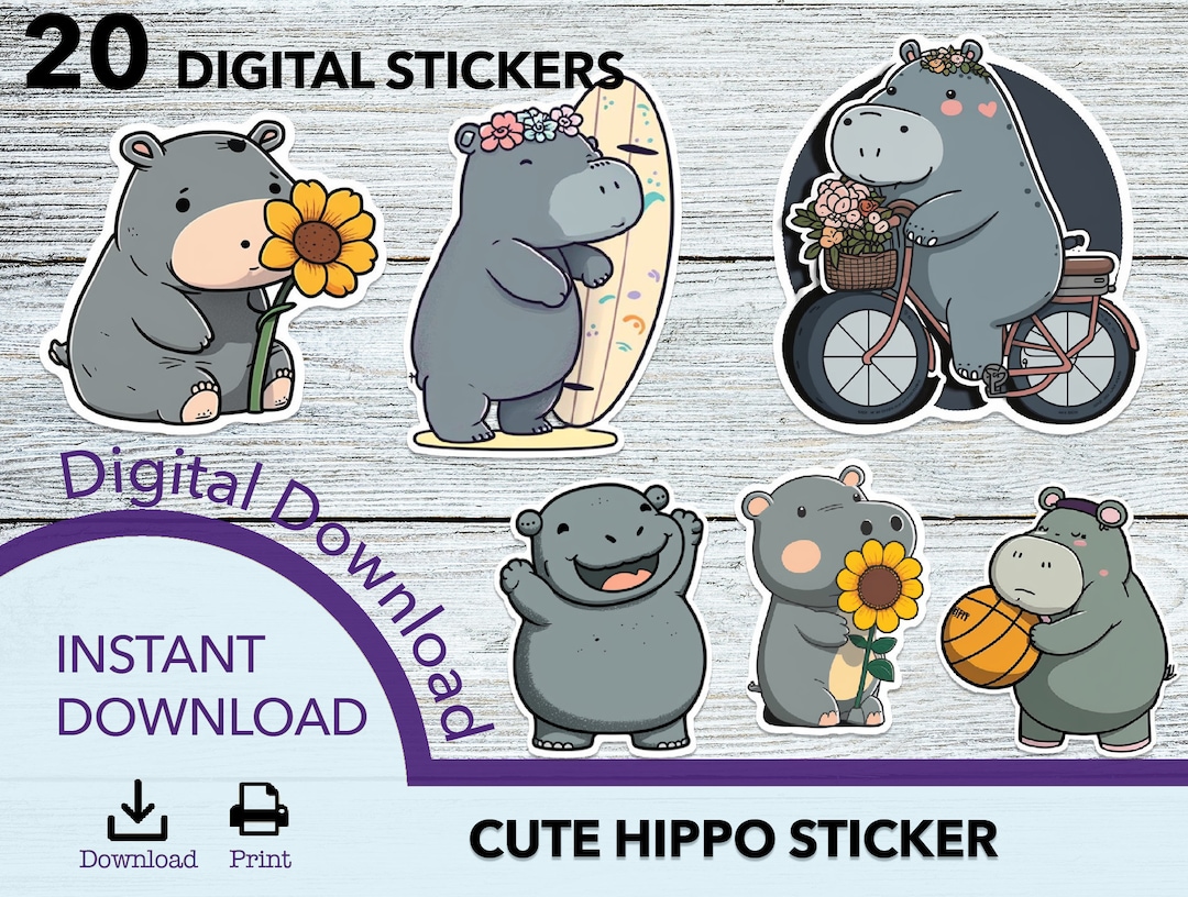 Hippo PNG Kawaii Stickers, Sticker Png Bundle, Printable Stickers ...