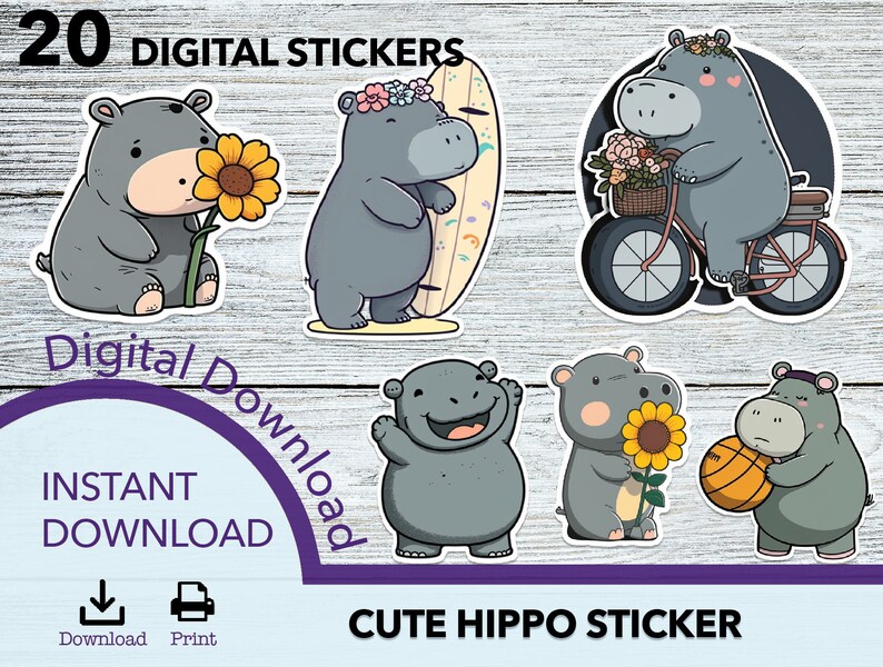 Hippo PNG Kawaii Stickers, Sticker Png Bundle, Printable Stickers ...