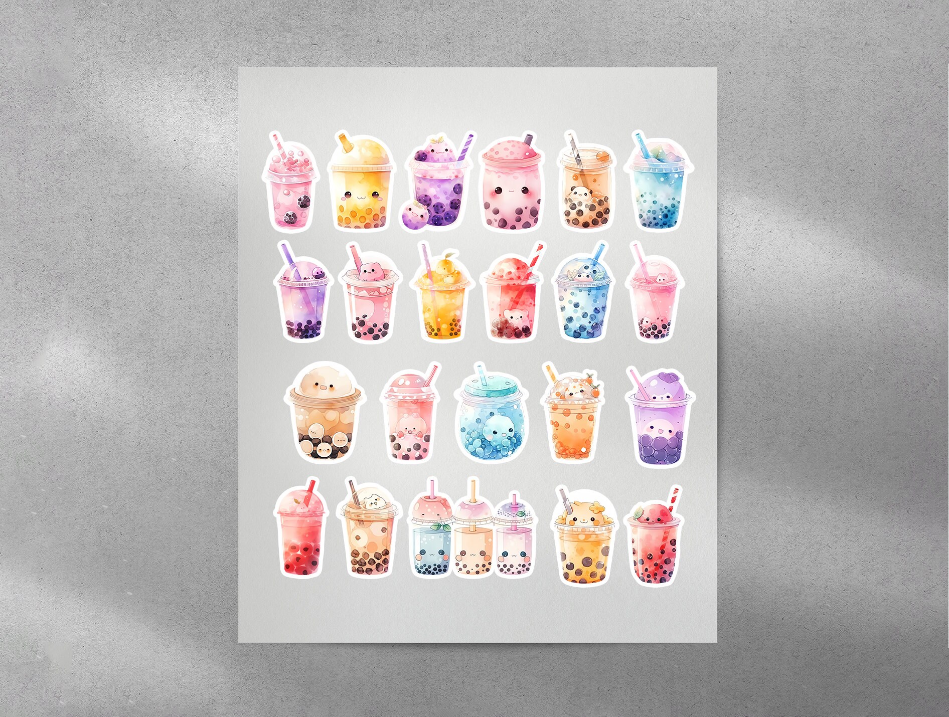 Bubble Tea PNG Kawaii Sticker Sticker Png Bundle Watercolor - Etsy