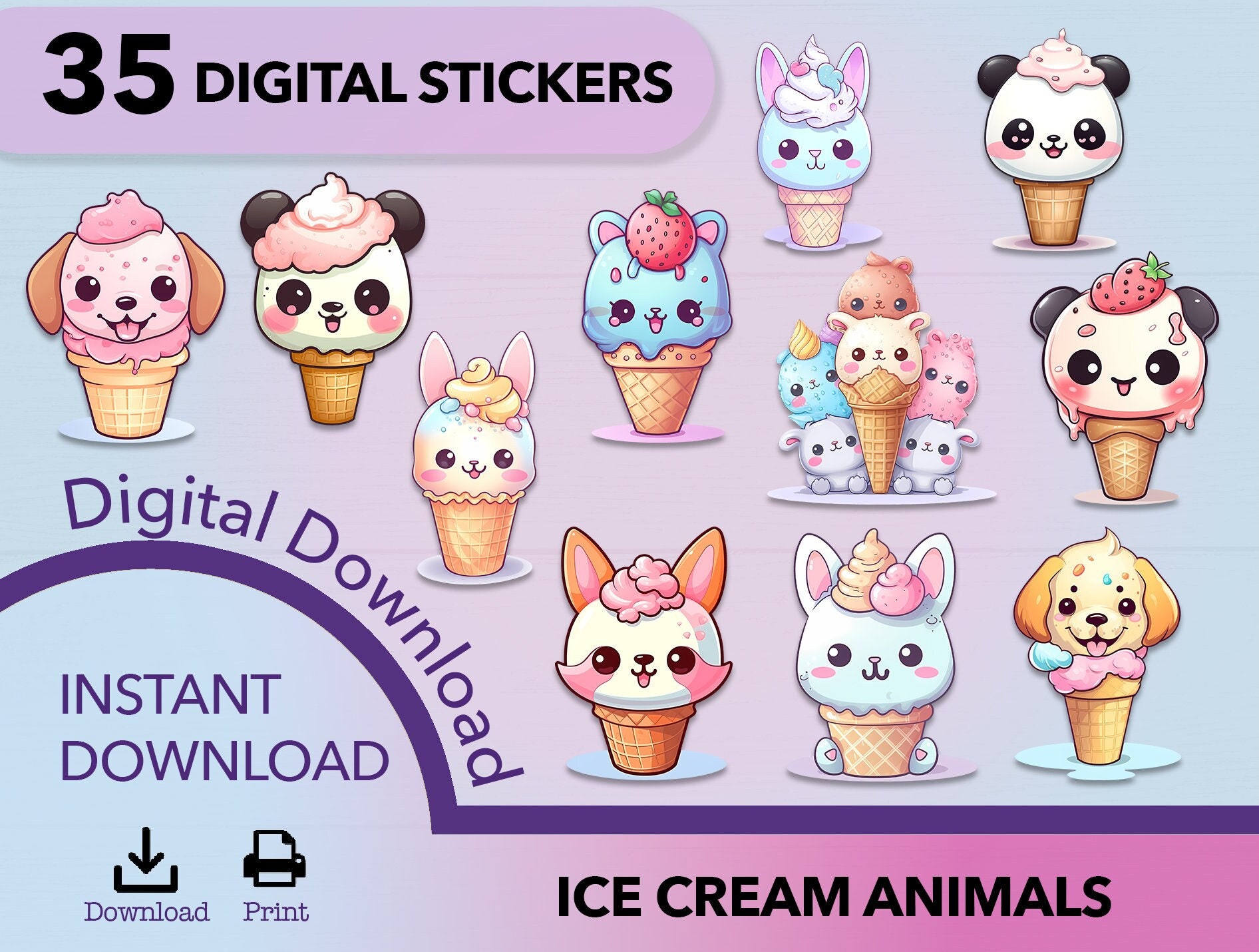 Ice Cream Animal PNG Kawaii Stickers Clip Art Bundle Ice - Etsy