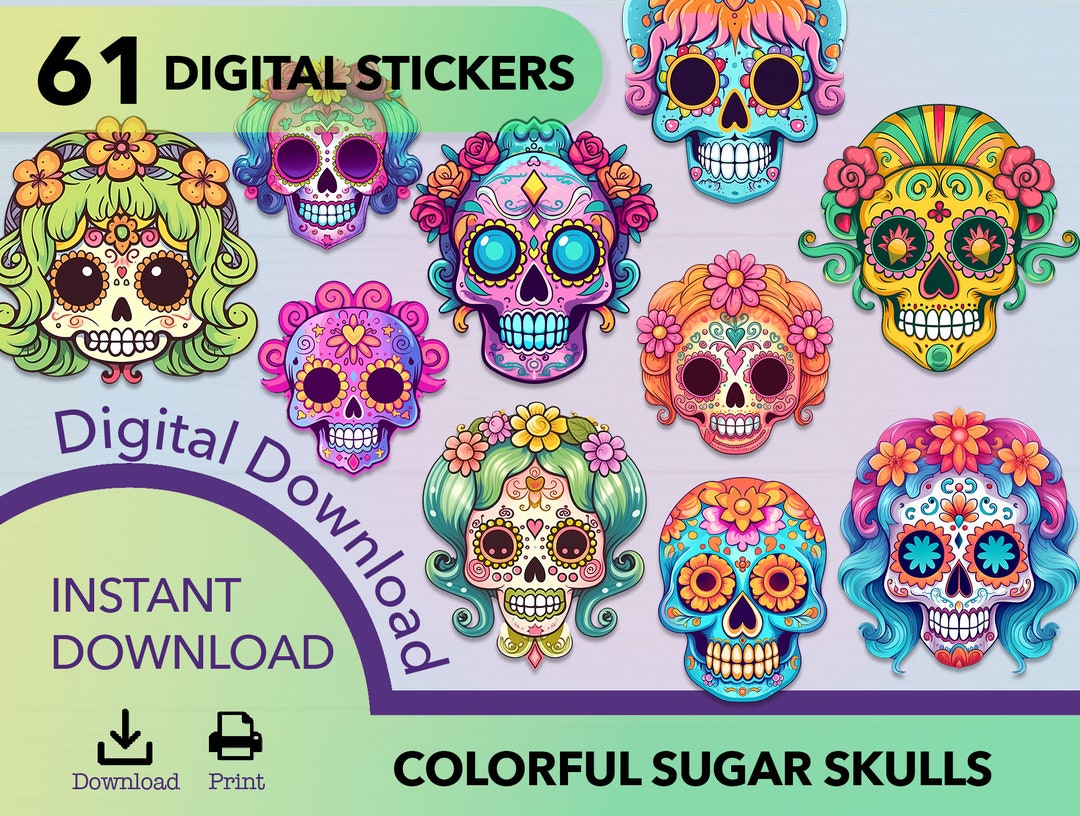 Sugar Skull PNG Sticker, Sticker Png Bundle, Printable Sticker, Skull ...