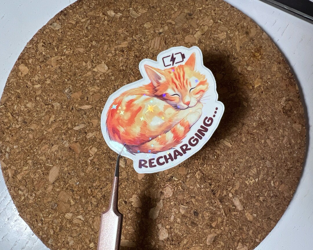 Orange Cat Sticker, Recharging Vinyl Sticker, Rest Sticker, Die-cut ...