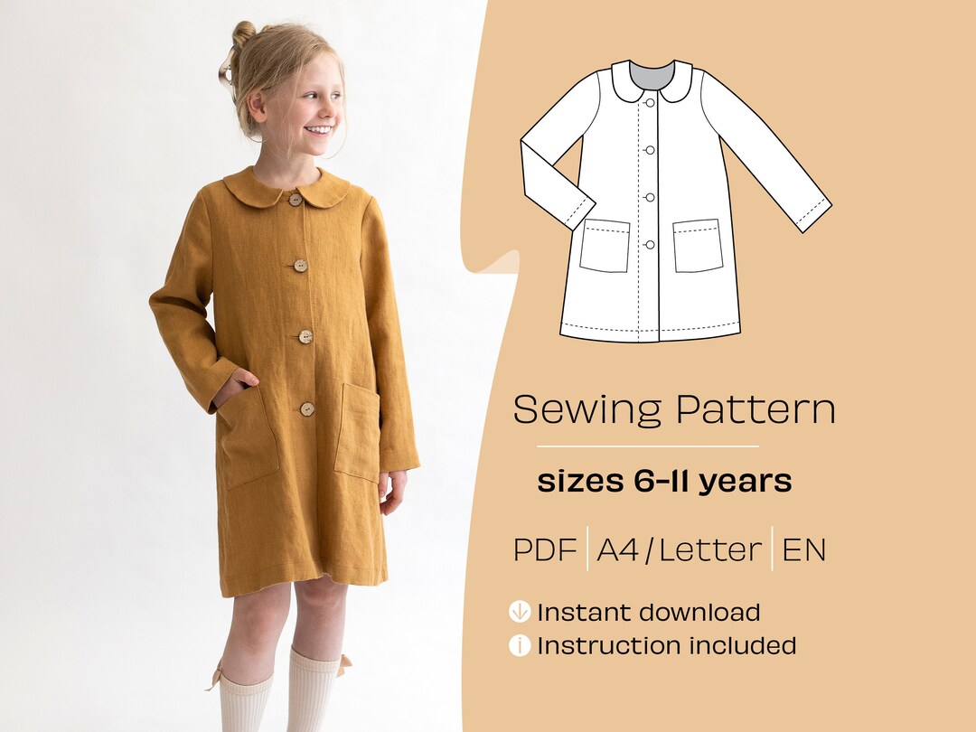 Girl's Coat PDF Sewing Pattern, Jacket Sewing Pattern, Height Girl 116 ...