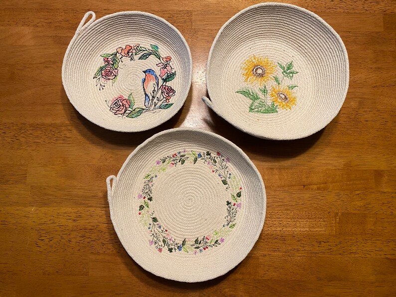 Rope Embroidered Bowls , Blue Bird, Sun Flower, Floral Wreath - Etsy