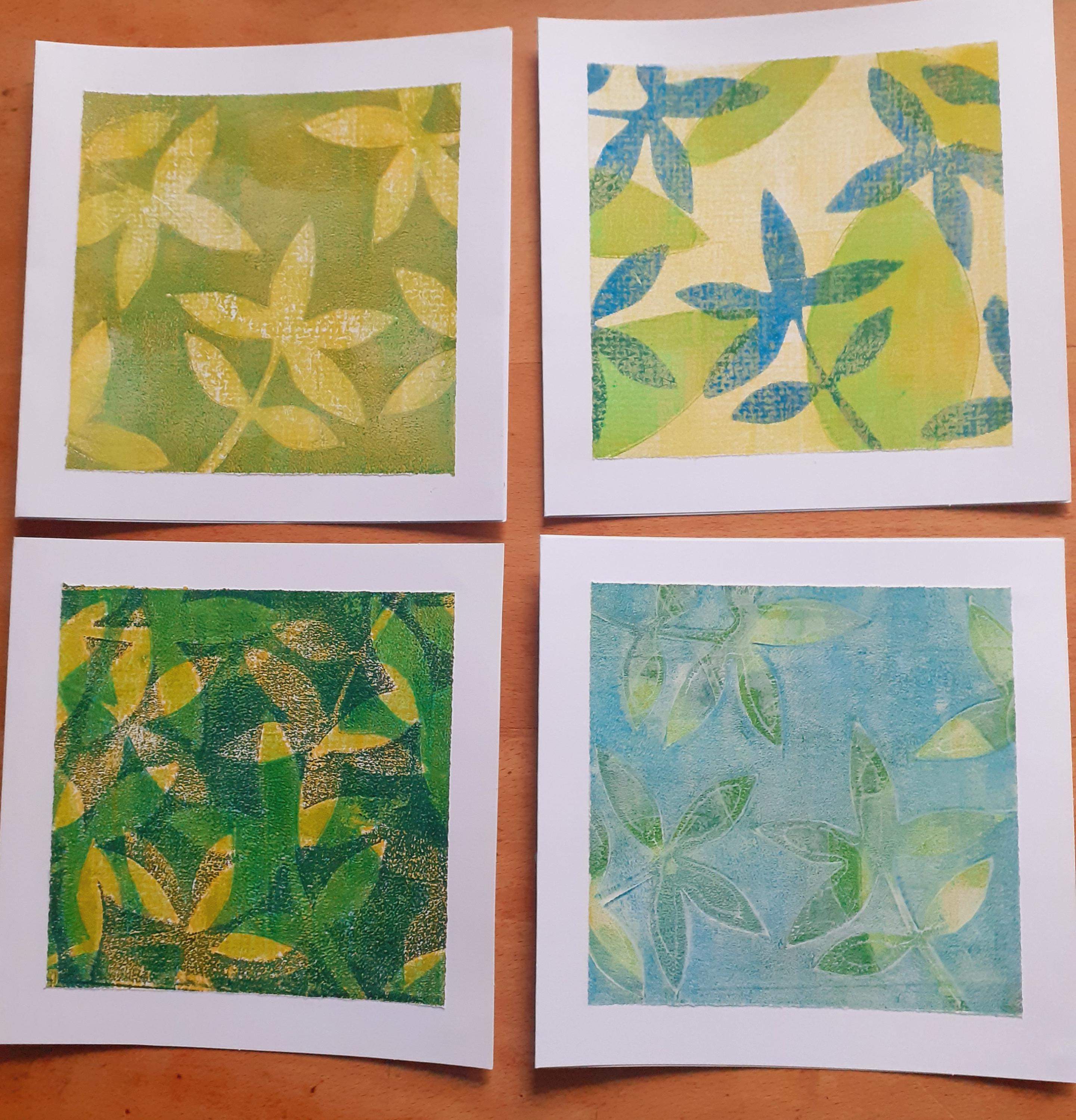 Original Art Cards, Monoprint Leaf Design in Greens, Yellows, Blues ...