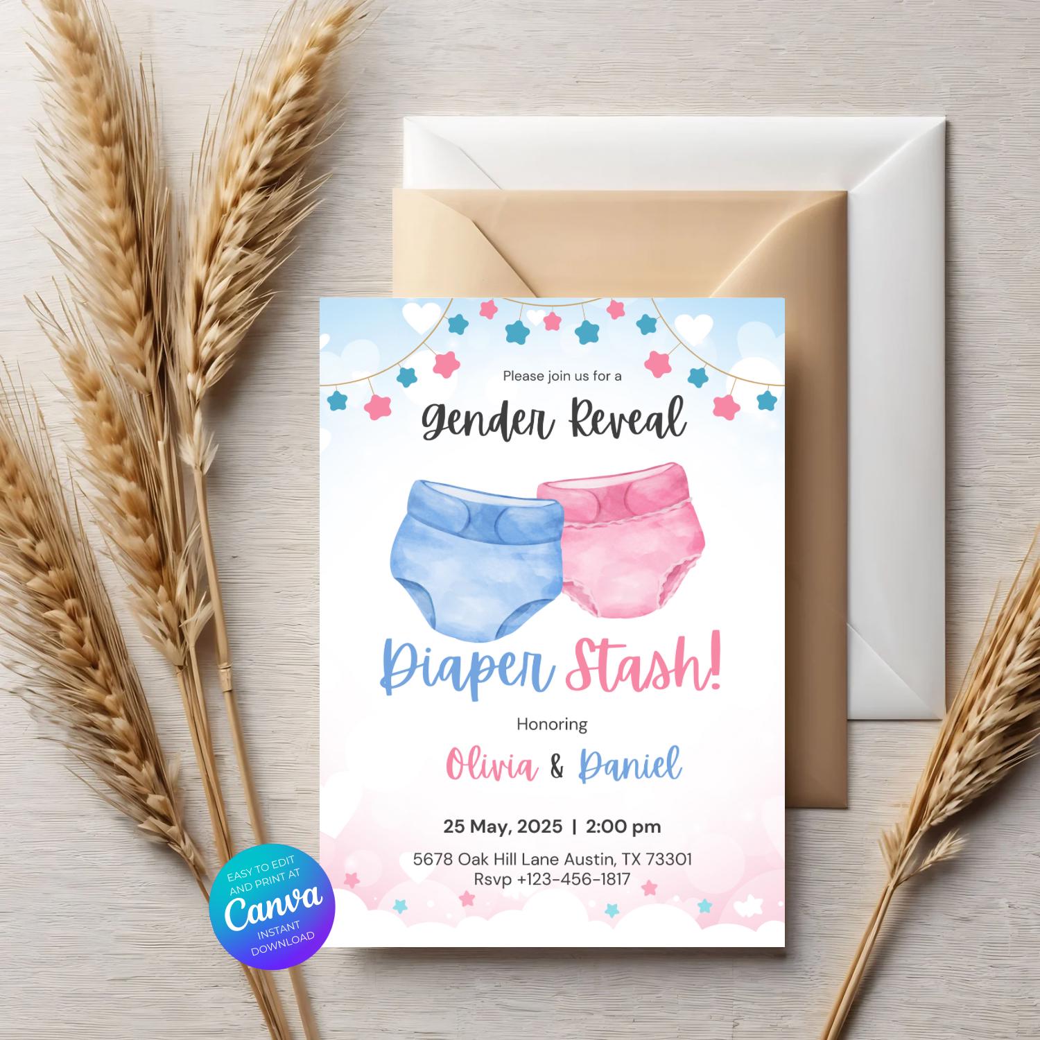 Diapers and Wipes Gender Reveal Invitations, Template, Pink or Blue ...