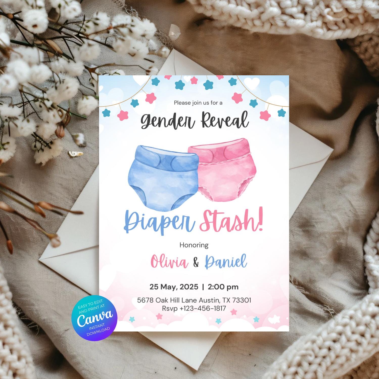 Diapers and Wipes Gender Reveal Invitations, Template, Pink or Blue ...