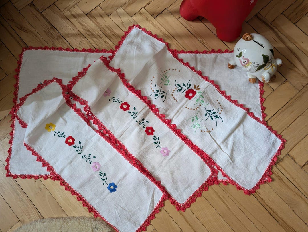 1960s Polish Hand Embroidered Flowery Cotton Tablecloth Needlepoint ...