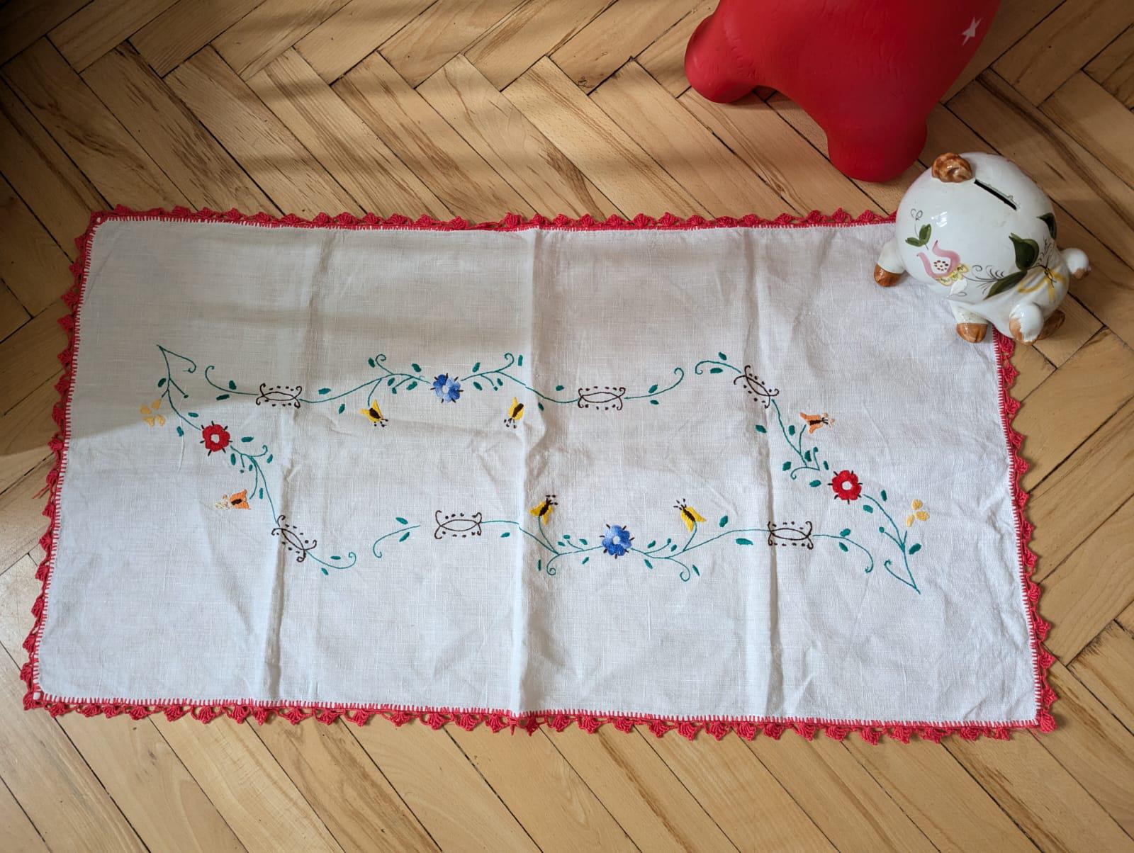 1960s Polish Hand Embroidered Flowery Cotton Tablecloth Needlepoint ...