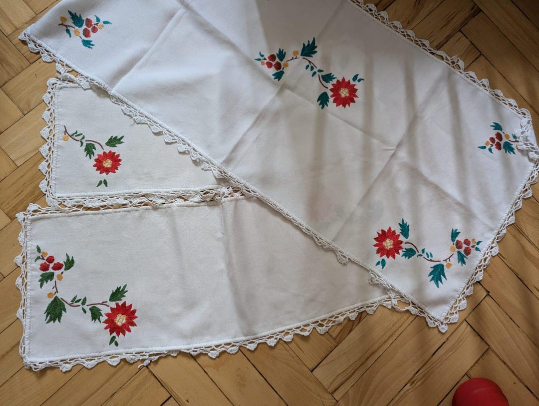 1970s Polish Hand Embroidered Flowers Cotton Slavic Tablecloth ...