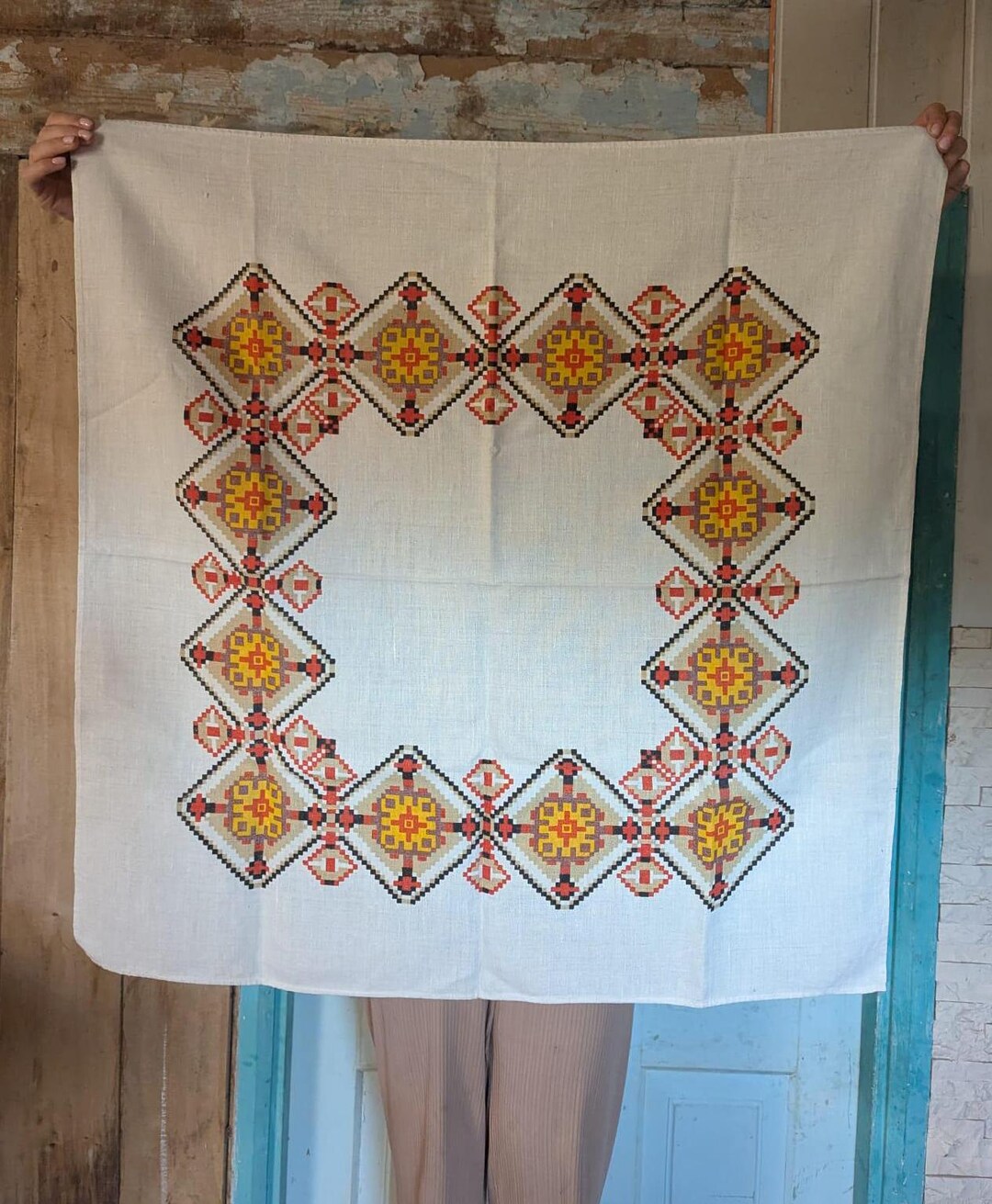 1970s Handprinted Linen Tablecloth Vintage Polish Table Runner Retro ...