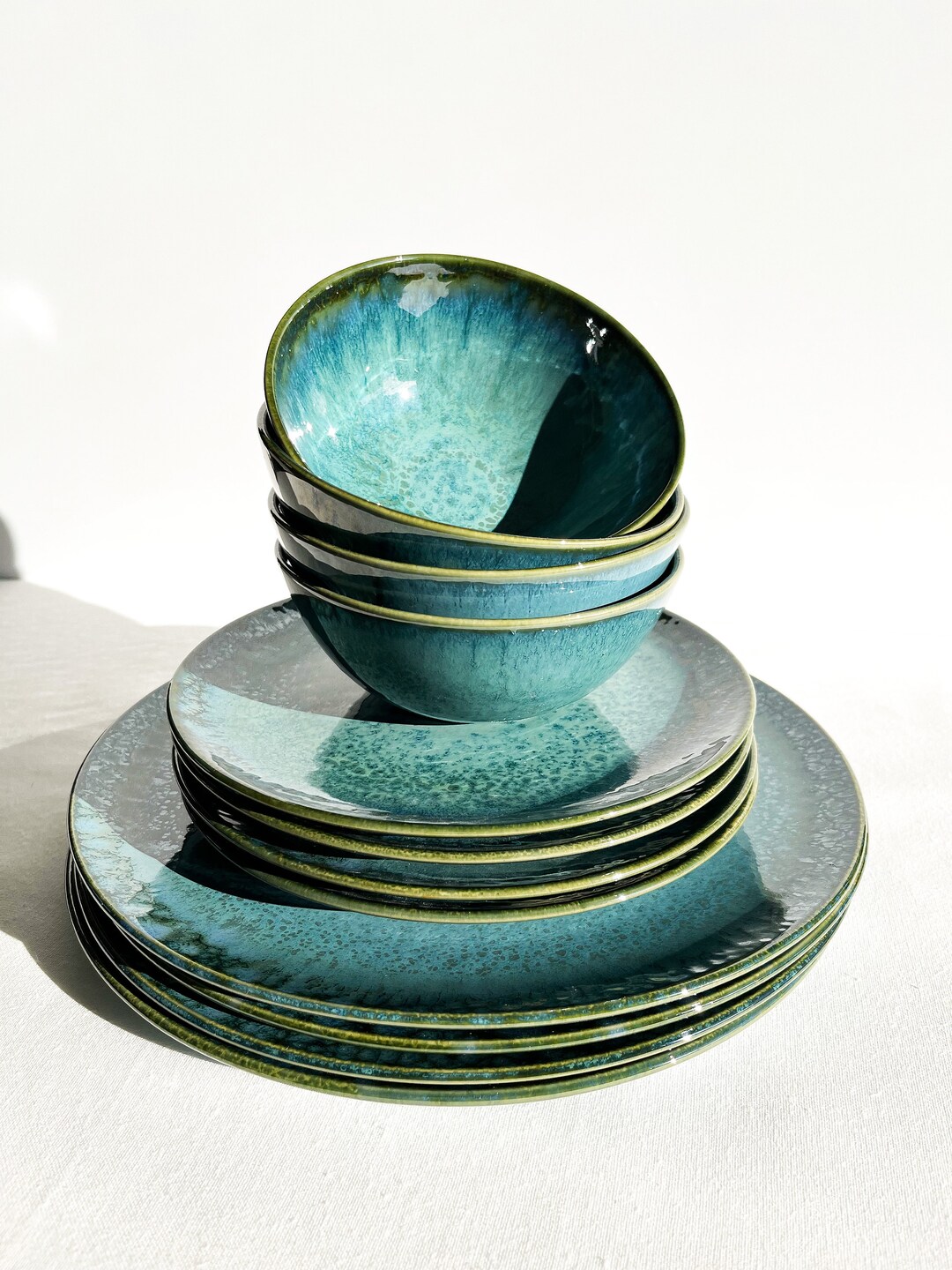Crockery Set 4 People 12-piece Amazonia Green Handmade Portuguese ...