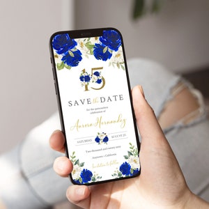Royal Blue Gold Quinceañera Save the Date Phone, Digital Mis Quince ...