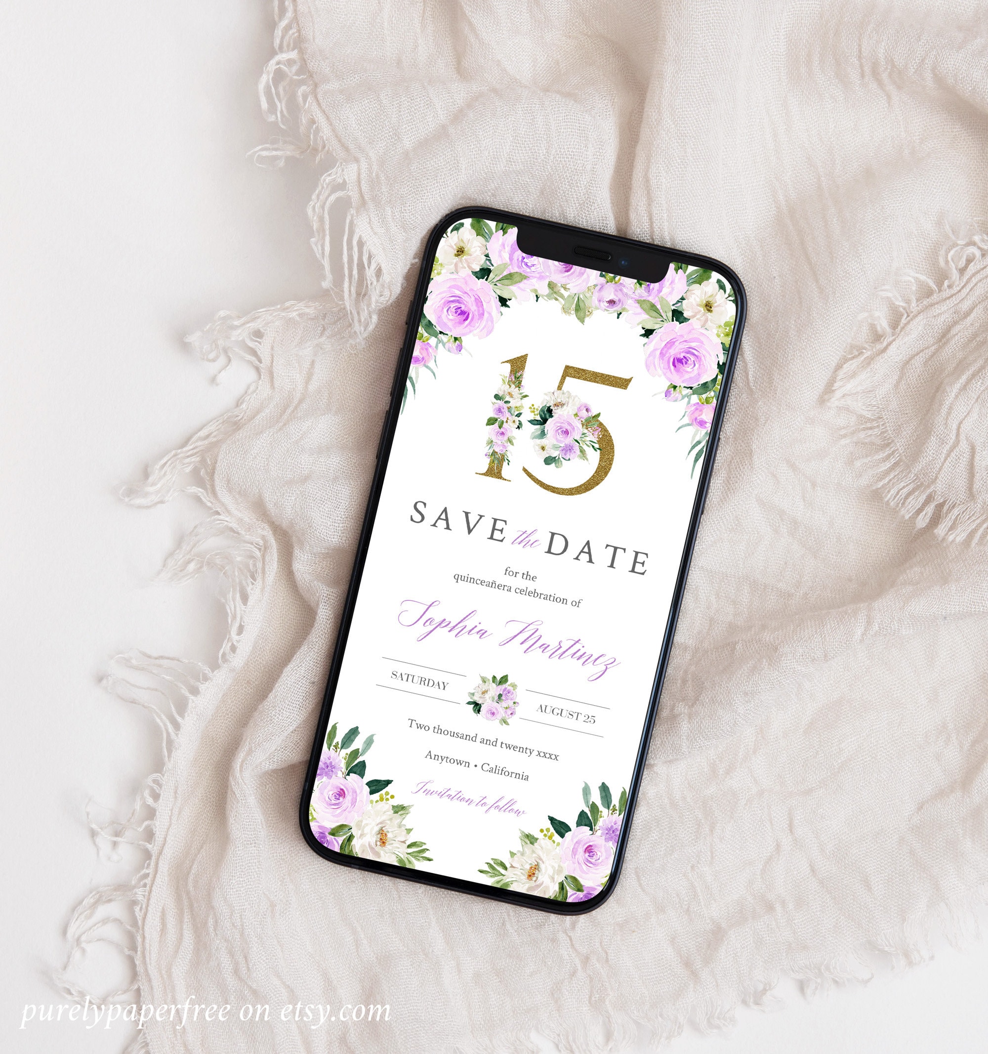 Lilac Quinceañera Save the Date Phone, Electronic Mis Quince Save the ...