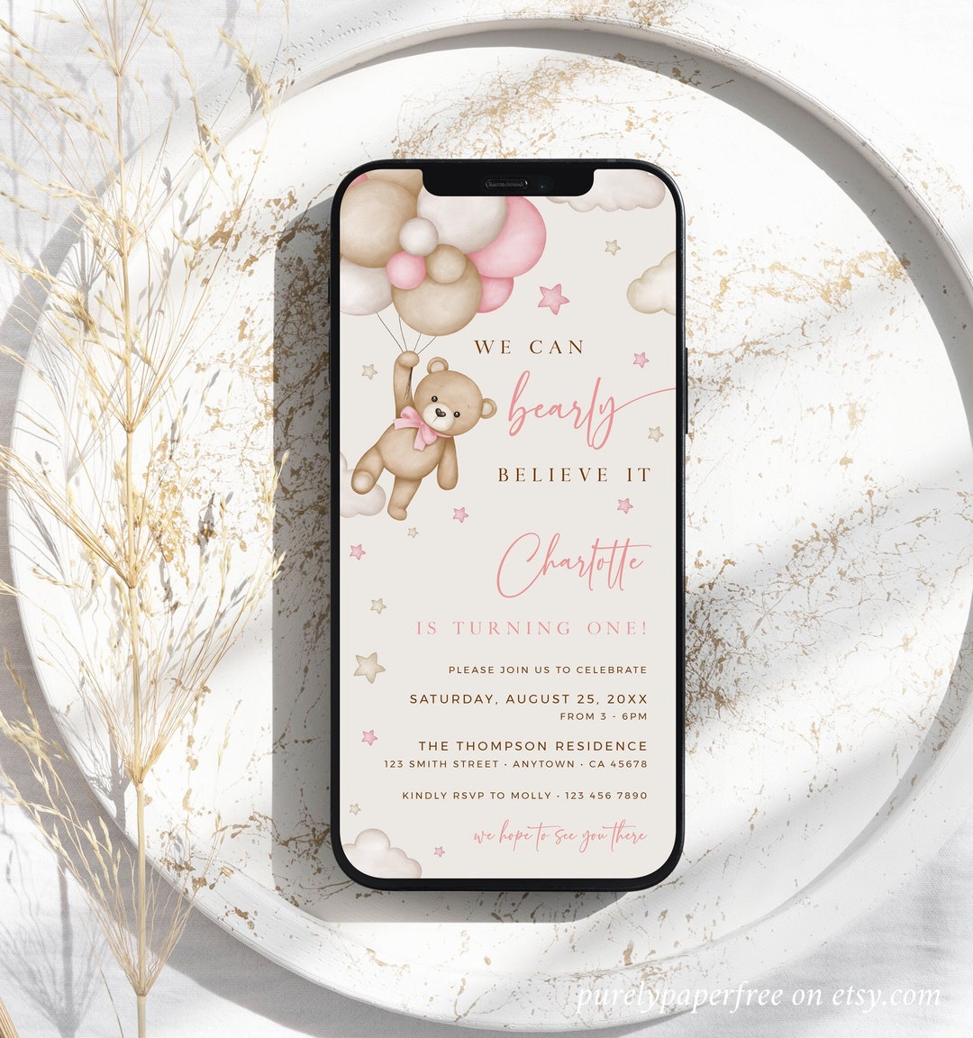 Bear First Birthday Evite Girl, Teddy Bear 1st Birthday Electronic ...