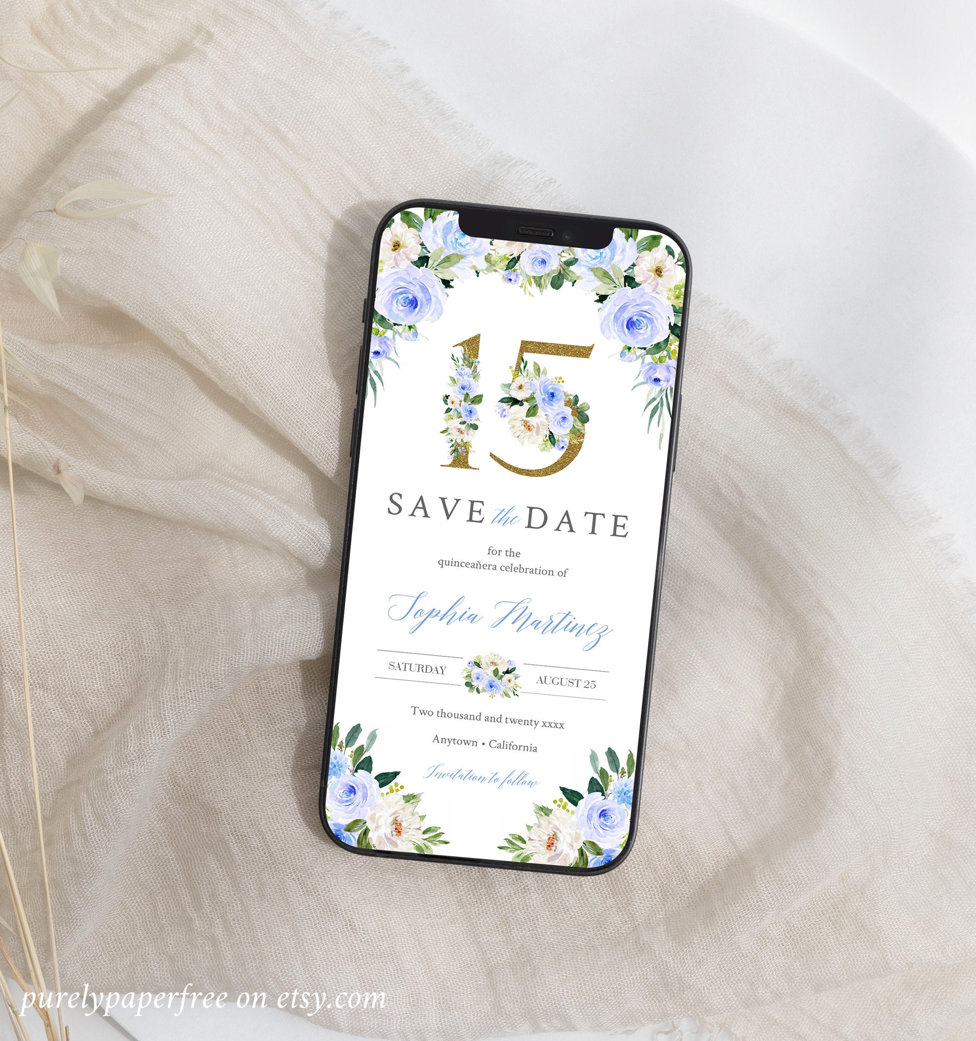 Light Blue Quinceañera Save the Date Phone, Digital Mis Quince Save the ...