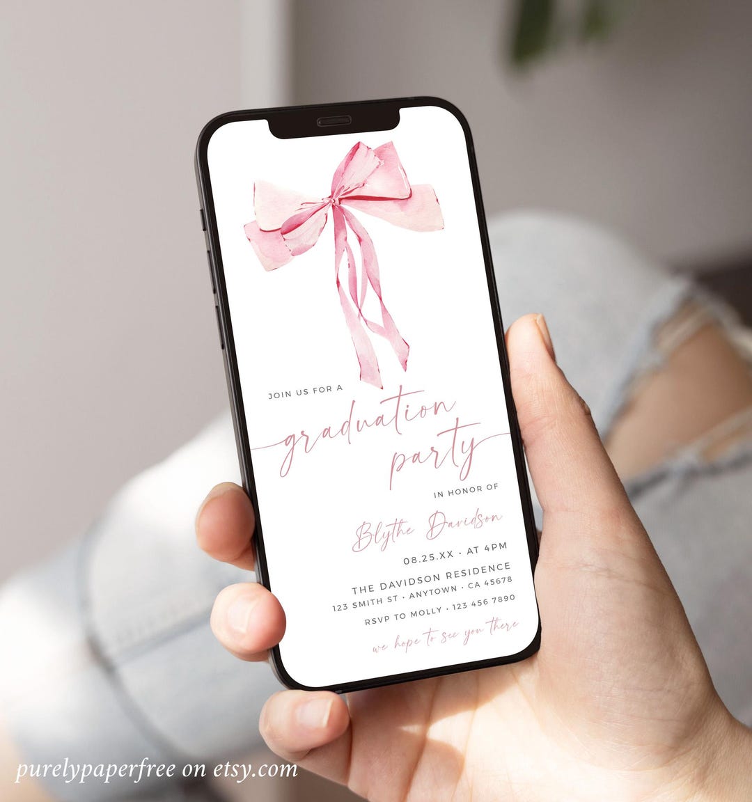 Pink Bow Graduation Invitation Template, Digital Grad Party Invite for ...