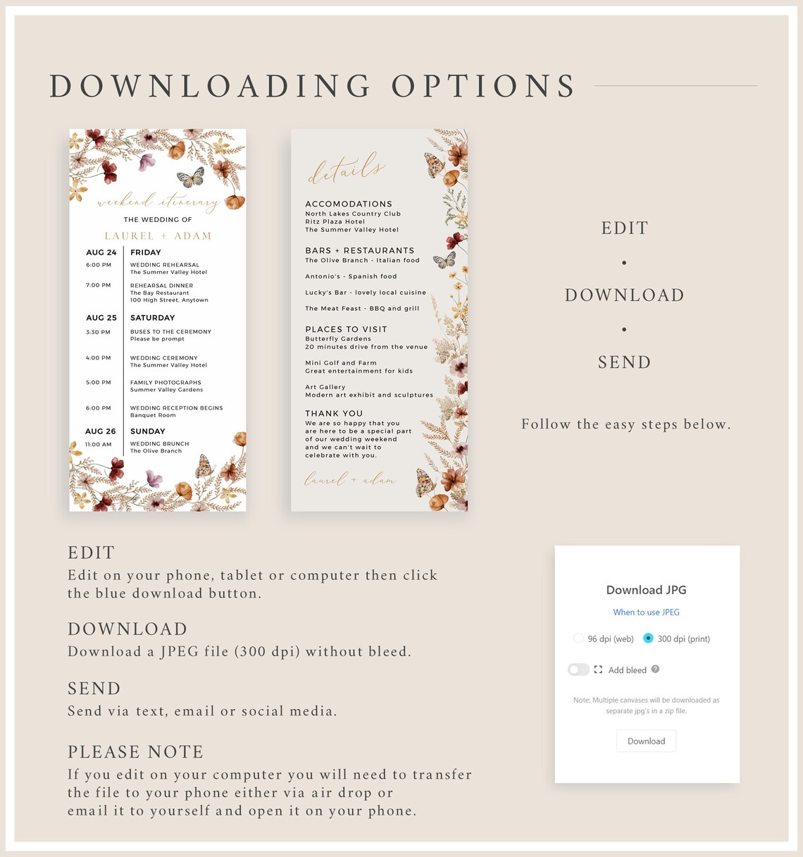 Wildflower Weekend Schedule Template Phone, Digital Wedding Weekend ...