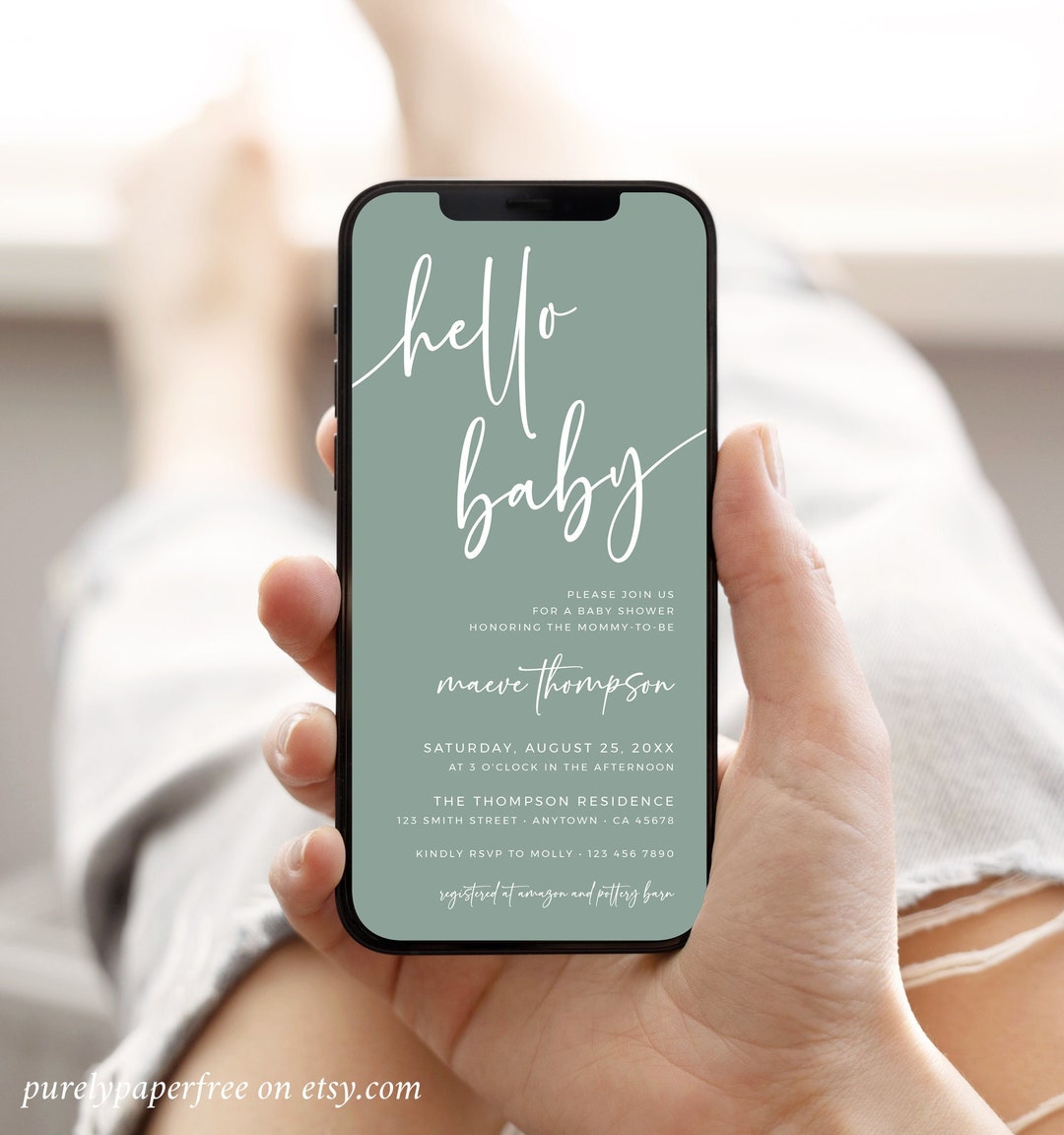 Baby Shower Electronic Invitation, Sage Baby Shower Evite, Hello Baby ...