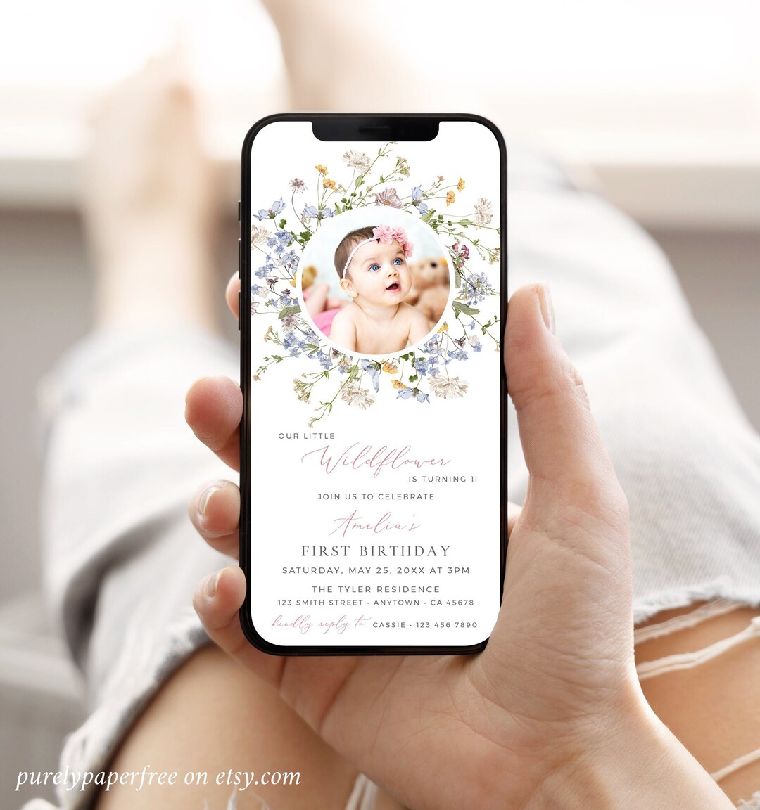 First Birthday Evite With Photo Girl, Wildflower 1st Birthday ...