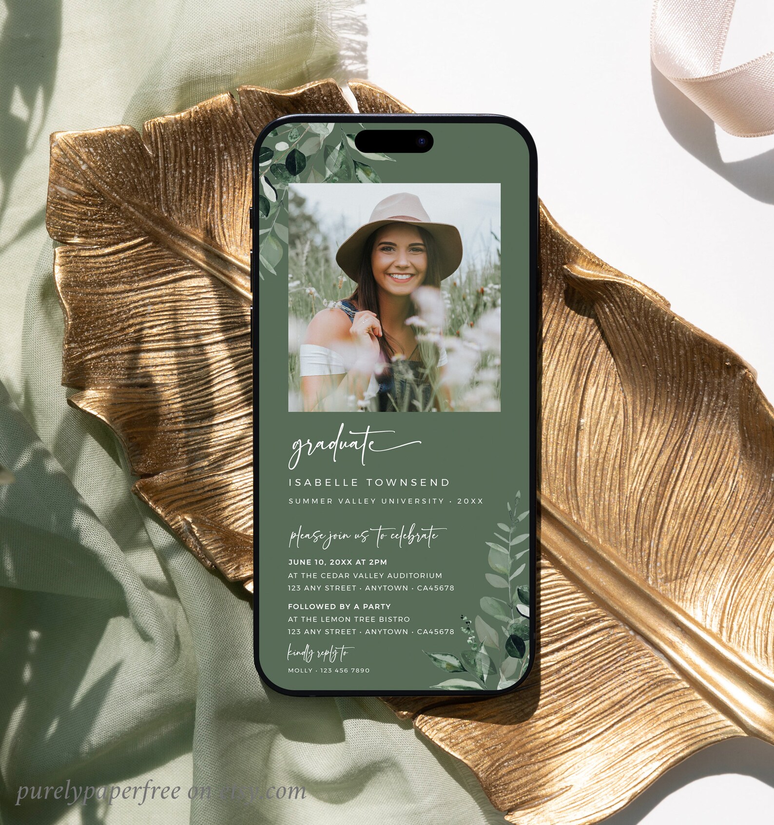 Greenery Graduation Party Invitation With a Photo, Digital Grad Evite ...