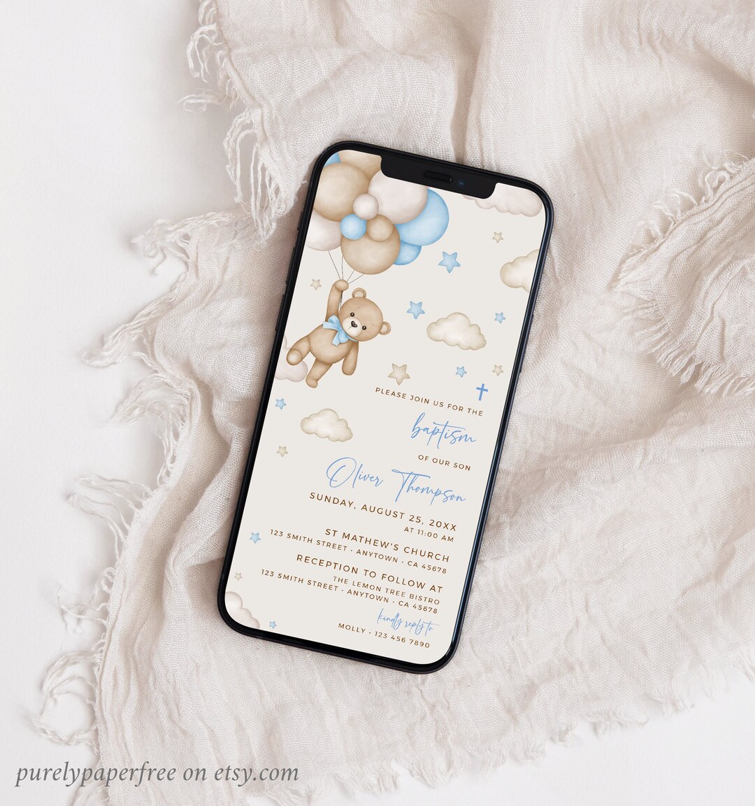 Invito battesimo orso ragazzo, invito digitale battesimo, invito ...