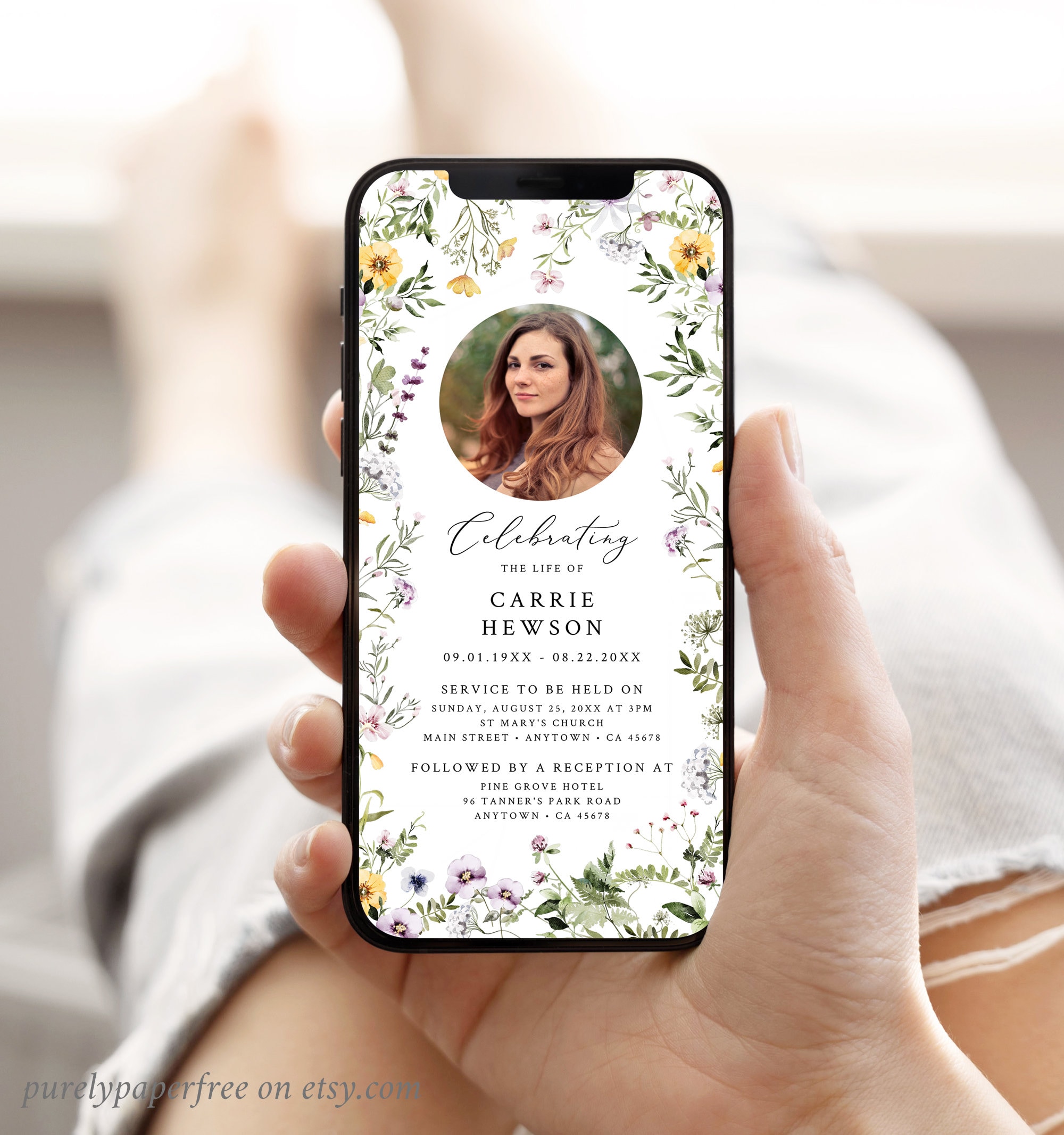 Electronic Funeral Invite Wildflower, Digital Memorial Invite Woman ...