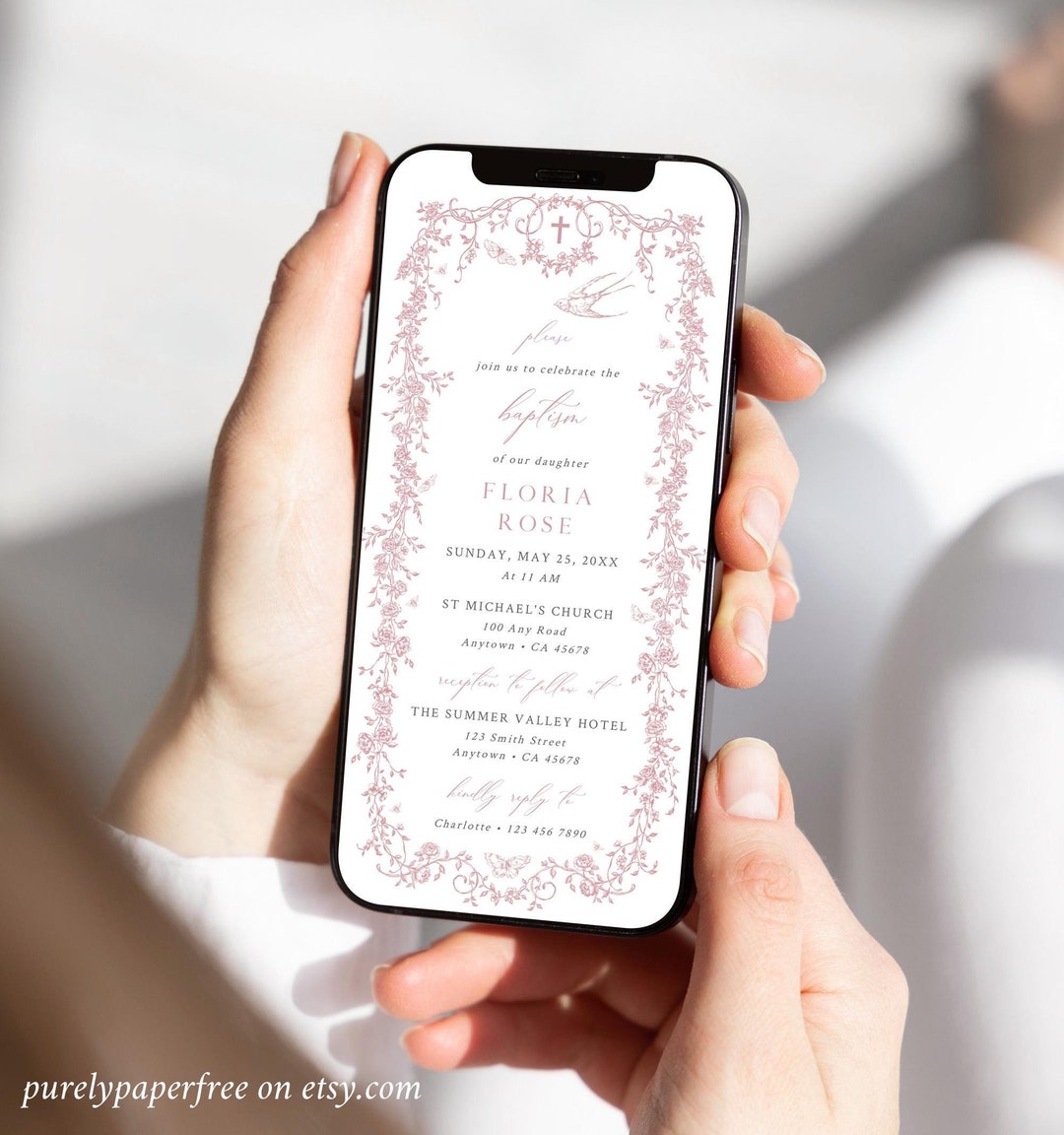 Pink Toile Baptism Invitation Girl, Digital Chinoiserie Invite Baptism ...