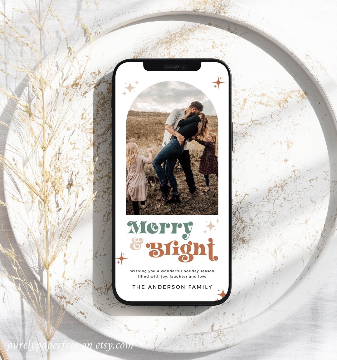 Editable Boho Christmas Card With a Photo Retro Holiday Card for Phone ...