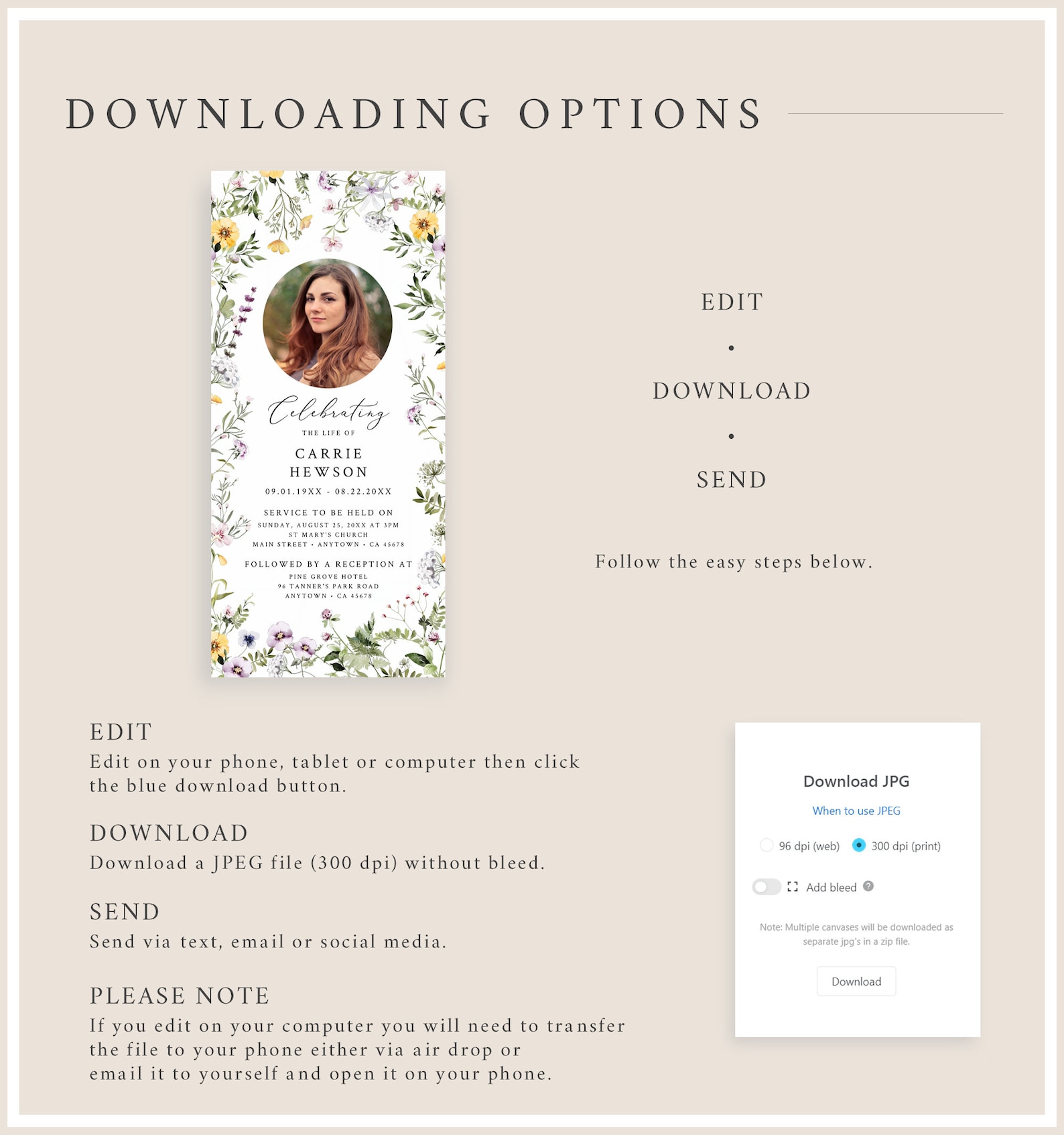 Electronic Funeral Invite Wildflower, Digital Memorial Invite Woman ...