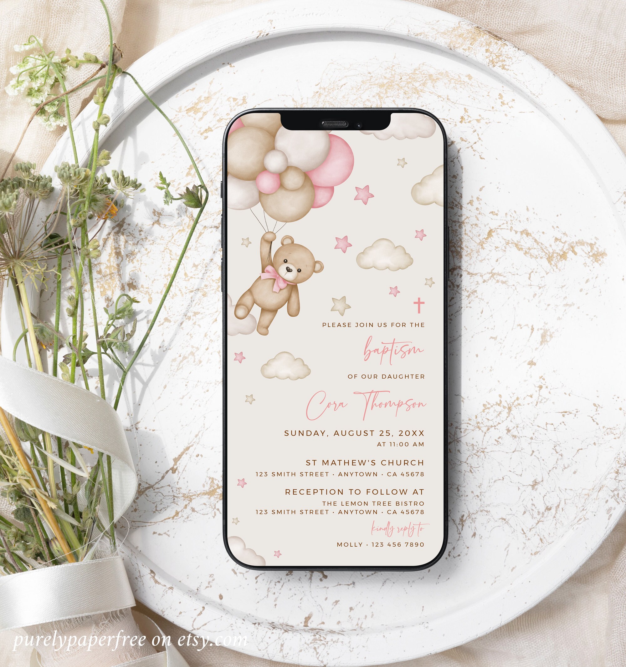 Bear Baptism Evite Girl, Digital Invitation Baptism, Electronic Invite ...